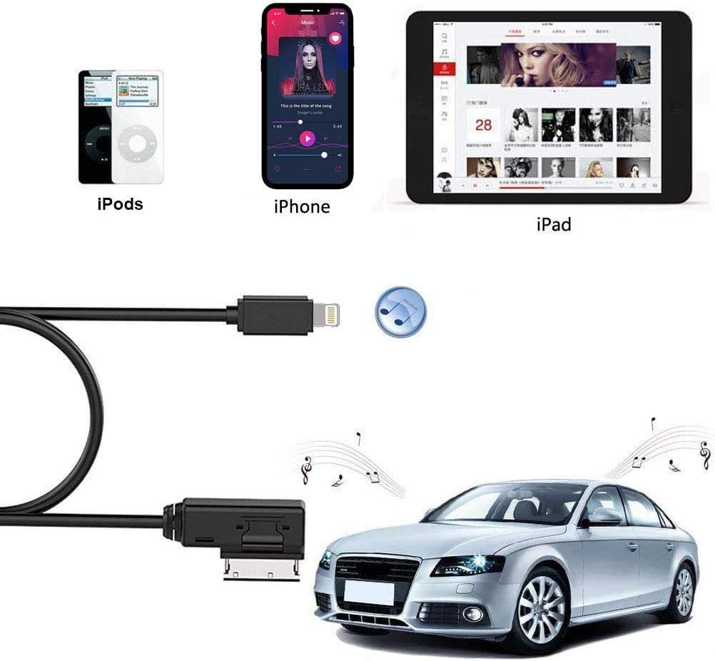 Car Audio Charging Adapter Cord Compatible with Apple iPhone 14 13 12 11 Xs Max XR X 8 7 6 for Audi A3/A4/A5/A6/A8/S4/S6/S8/TT, AMI MMI MDI Aux Interface Dongle for VW Tiguan CC Magotan