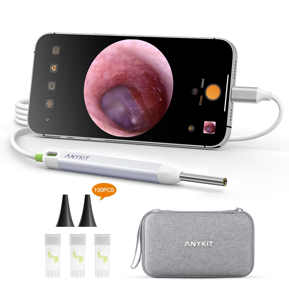 Anykit Digital Otoscope with Gyroscope, HD Ultra Clear View Ear Camera with Ear Wax Removal Tools, Video Ear Scope Otoscope with Light, Compatible with Android, iPhone 15 (White)