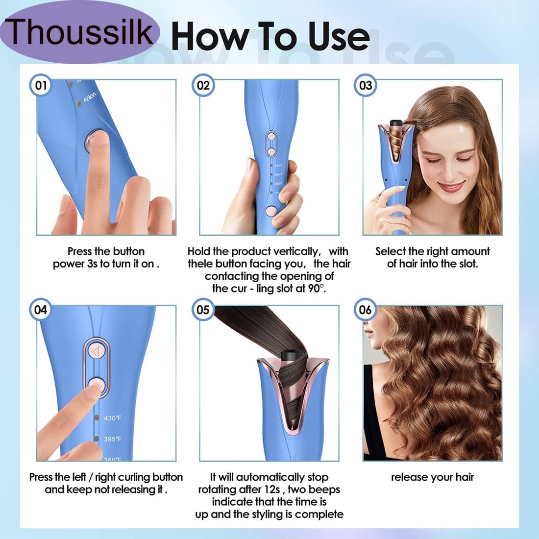 Auto Hair Curler, Upgrade Automatic Hair Curler with 1000W+ Negative Ion Iron Wand Professional Anti-Tangle Automatic Curling Iron, Dual Voltage Rotating Curling lron with Auto Shut-Off (Thoussilk)