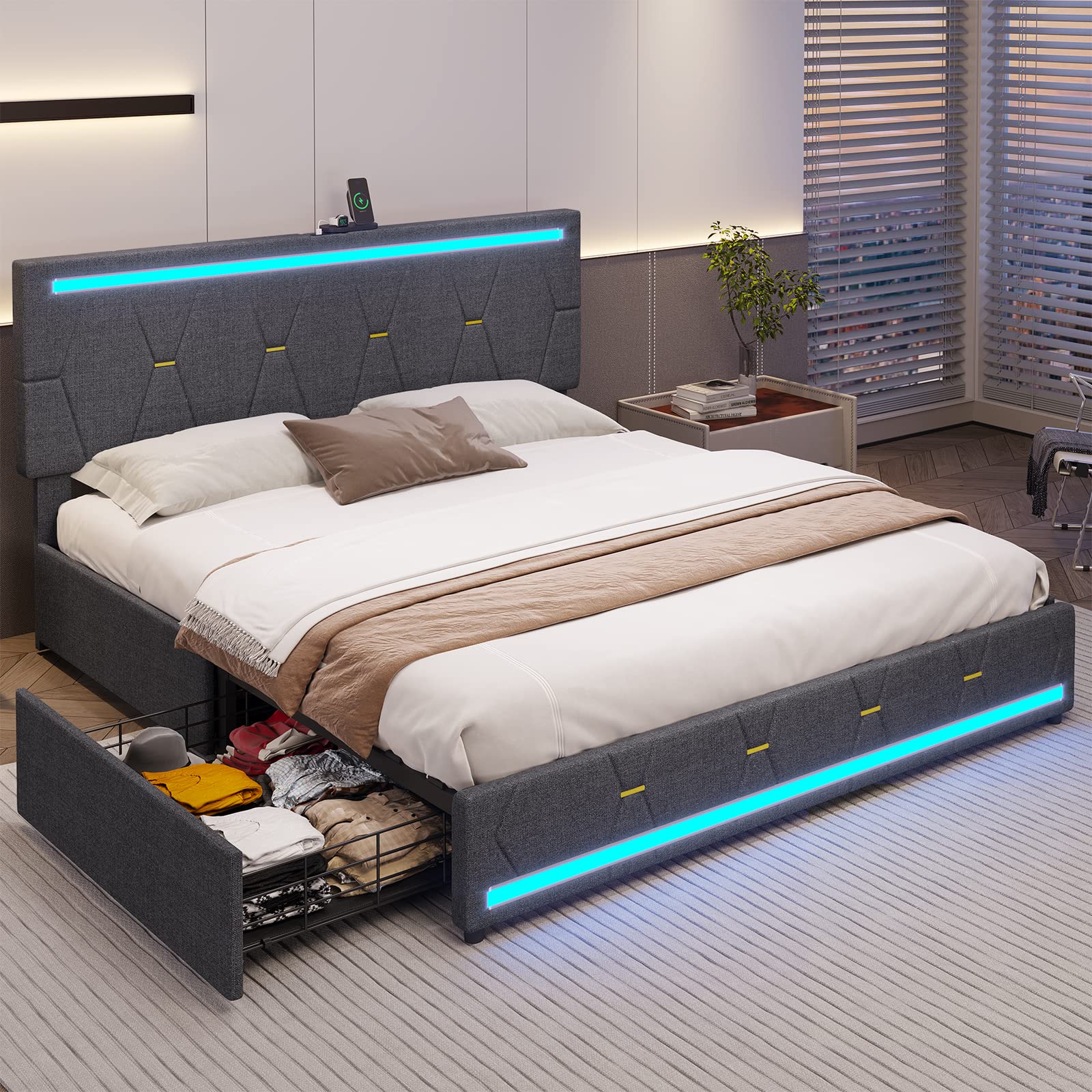 ADORNEVE Full Size Bed Frame with 4 Drawers, LED Bed Frame Full with 2 USB Charging Station, Upholstered Platform Bed with Adjustable Headboard and LED Lights, No Box Spring Needed, Dark Grey