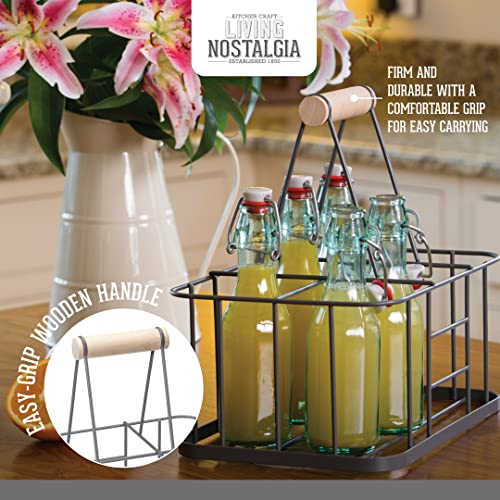 Kitchen Craft Living Nostalgia Milk Bottle Holder Doorstep, Milk Crate, Wire Metal with Wooden Handle, 29 x 20 x 13cm, Grey