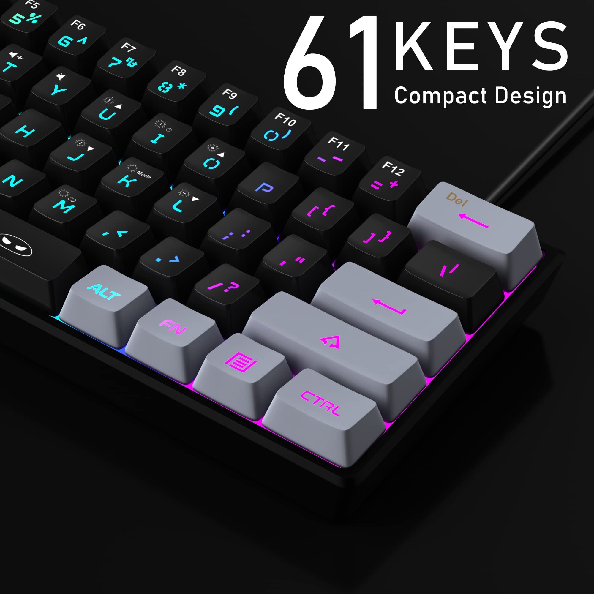 ADDTREE 60% Wired Gaming Keyboard, RGB Backlit Compact Mini Keyboard, Waterproof 61 Keys Keyboard for PC/Mac Gamer, Typist, Travel, Easy to Carry on Business Trip(Grey & Black)