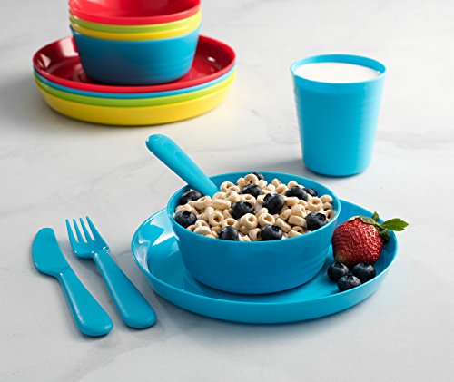 Plaskidy Kids Dinnerware Set for 4-24 Piece Plastic Childrens Dishes Dinnerware Sets Microwave/Dishwasher Safe BPA Free - Toddler Dinner Set Includes Kids Plates and Bowls Kids Cups Flatware Set