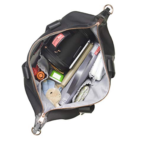 Stevie Luxe Scuba Black Modern Style Baby Diaper Bag by Storksak | Water-Resistant, Large Capacity Multi-Functional Bag with Smooth Leather Trim and Rose Gold Hardware | Shoulder and Stroller Straps