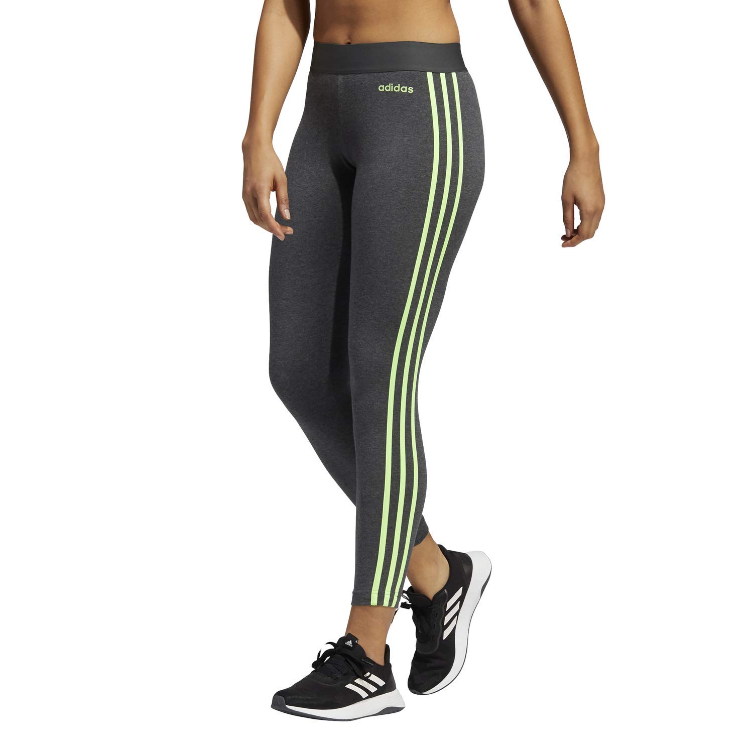 adidas Female Essentials 3-Stripes Tights, Dark Grey/Signal Green,XS