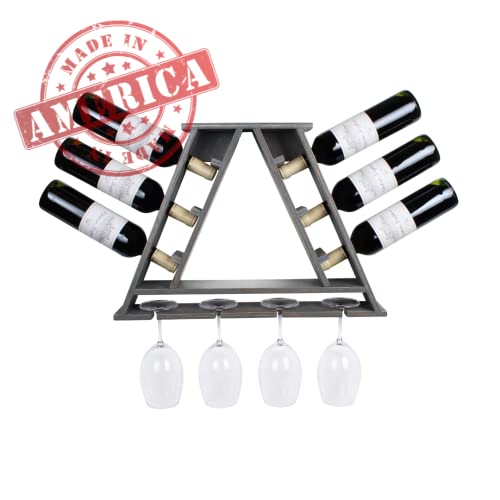 Charmont Wooden Rustic Wine Rack - Floating Triangle Wall Mounted Wine & Glass Holder - Perfect Wall Home Decor Bar, Kitchen Storage, Dining Room, Wedding Gift (Grey Holds 6 Bottles & 4 Stemware Cups)