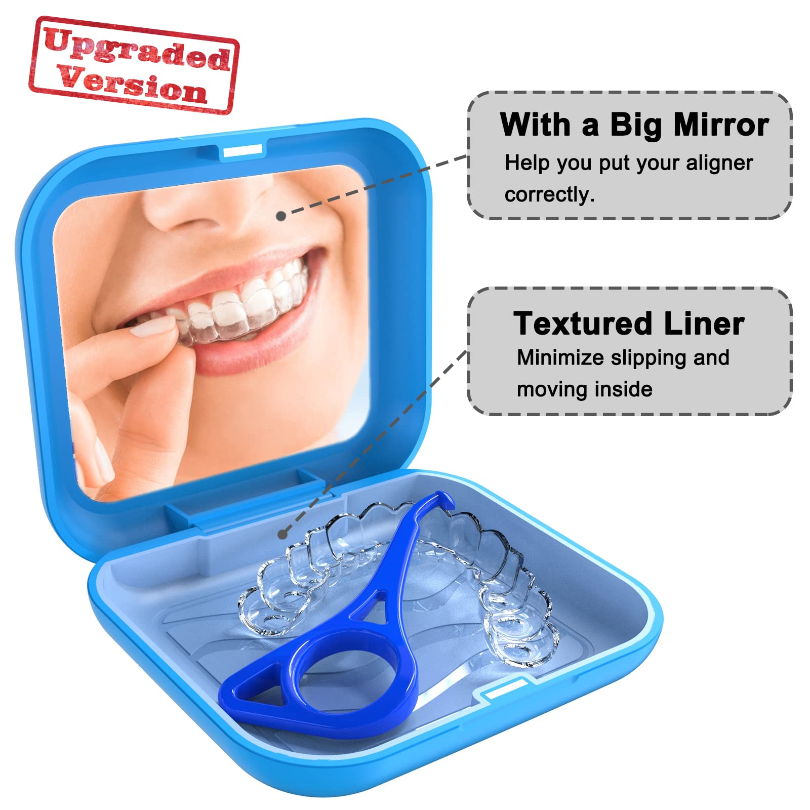 Aligner Case with Mirror and Aligner Removal Tool- Compatible with Invisalign, Aligners, and Mouth Guards, Premium Retainer Case with Magnetic Closure and Textured Liner- Easy to Use (Blue)