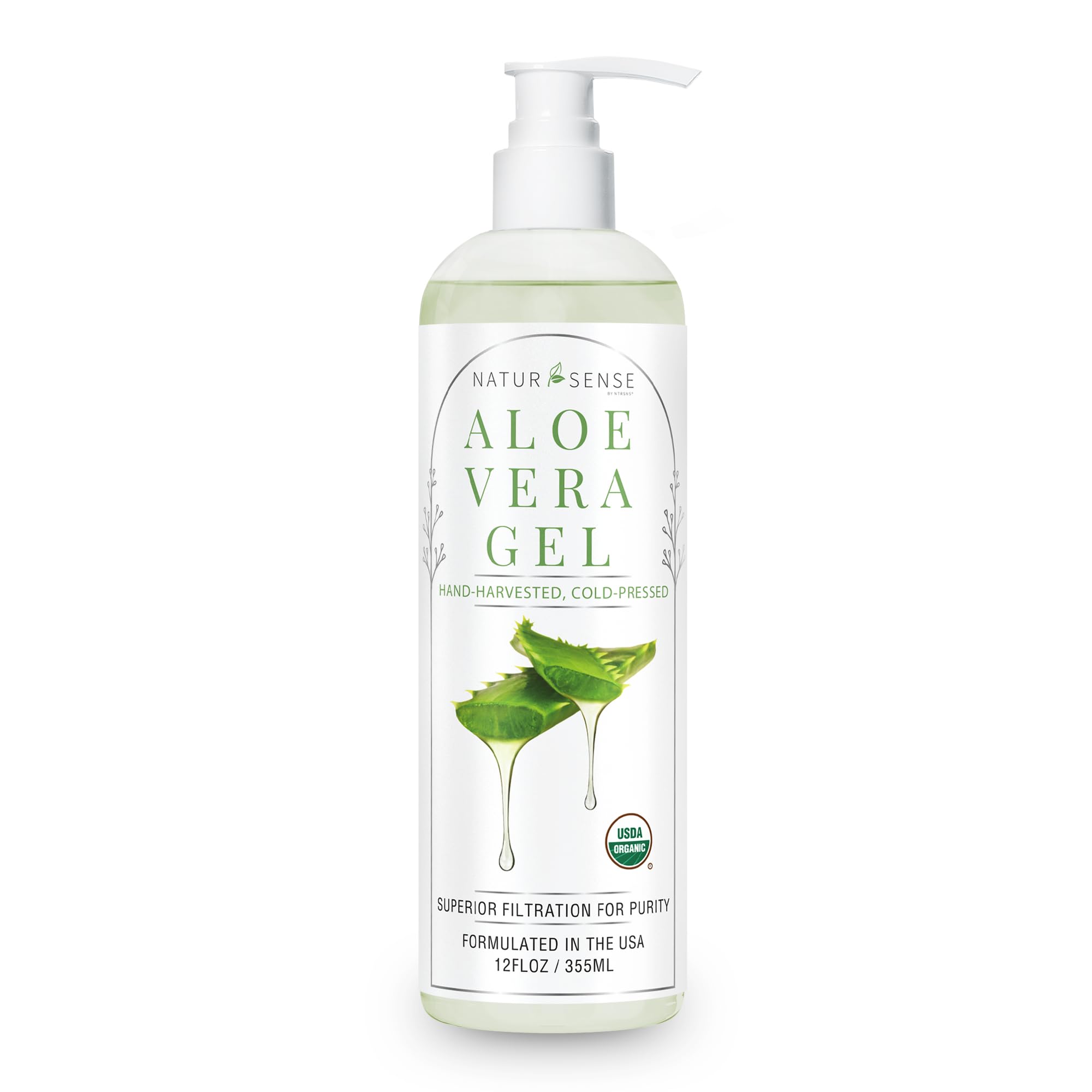 NTRSNS NaturSense Organic Aloe Vera Gel from 100% Pure Aloe. Great for Hair, Scalp, Face, Dry Skin, Acne, Winter Skin, Sunburn, Sensitive Skin. Unscented, USDA Certified, 12 oz.