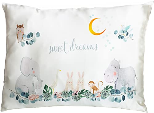 Silky Tales - Toddler Pillowcase 100% Silk - Kids Pillow Cover 13x18 (White with Light Pink and Blue)