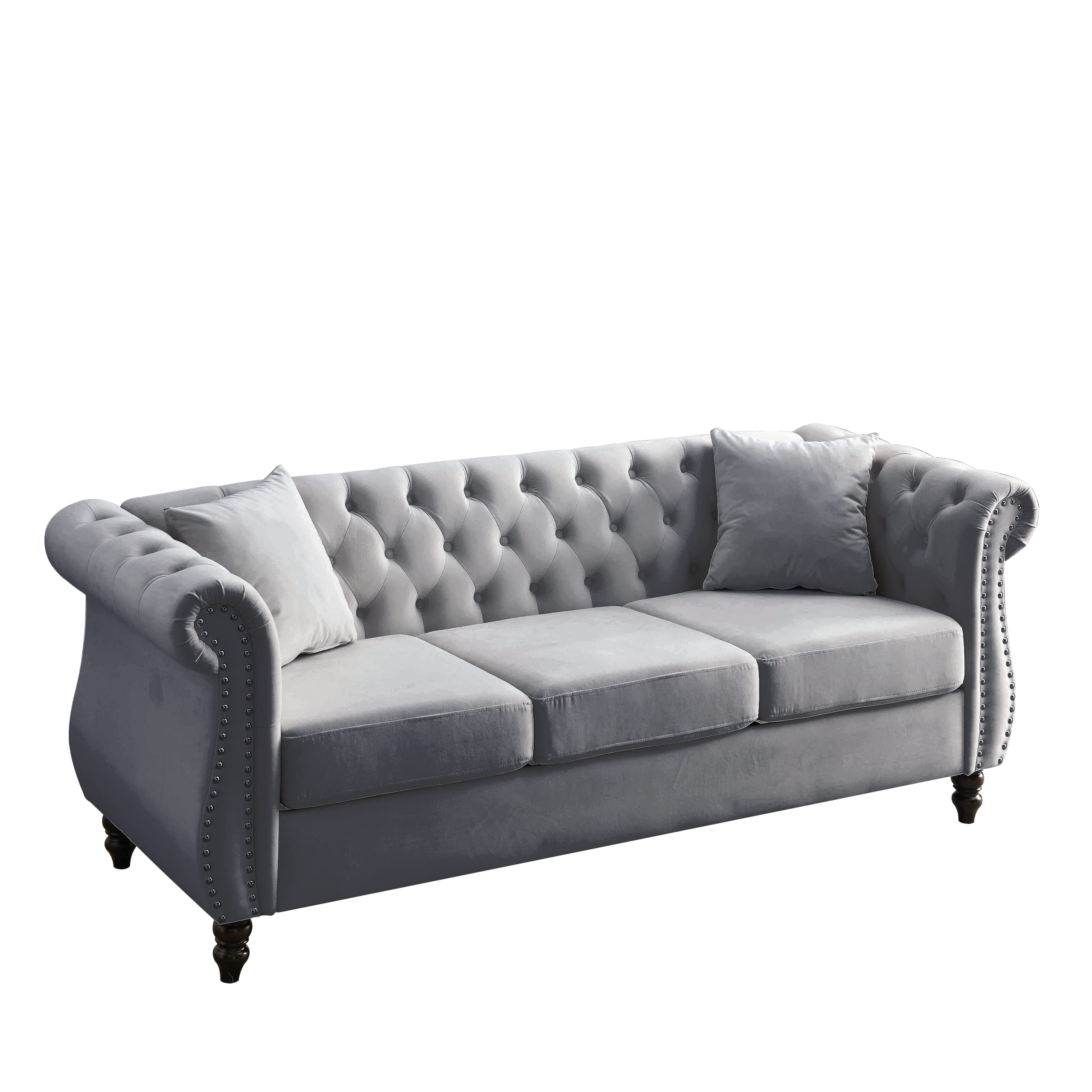 Bellemave 80" Chesterfield Sofa Couch Velvet 3-Seater Sofa with Two Pillows, Nailhead & Rolled Arms Upholstered Sofa with Curved Backrest Solid Wood Legs for Living Room, Bedroom, Office (Grey)