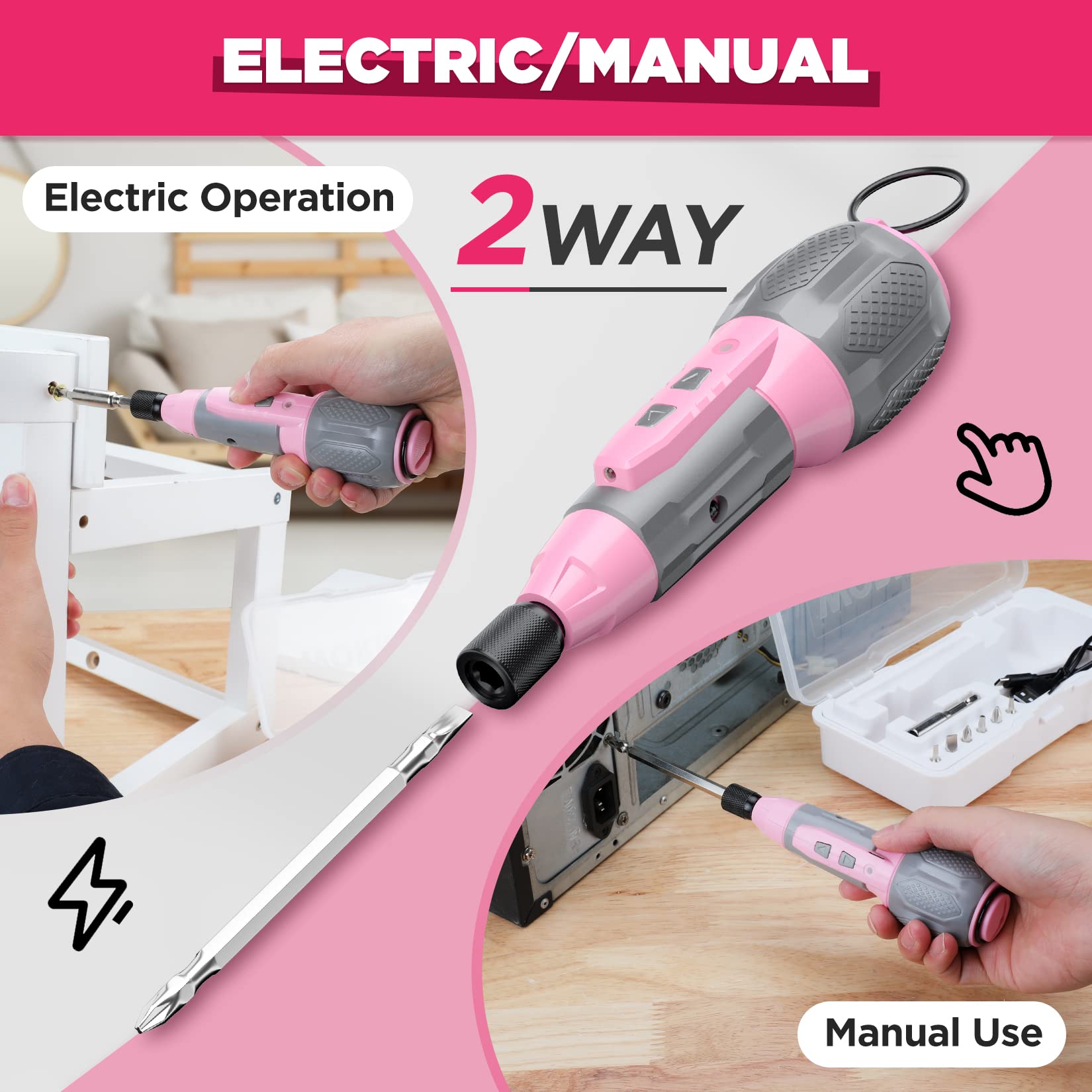 WORKPRO Electric Cordless Screwdriver Set - 4V USB Rechargeable Lithium-ion Battery Screwdriver Kit with LED Light - Small Screwdriver with 7pcs Bits for Home, Office, Apartment - Pink Ribbon
