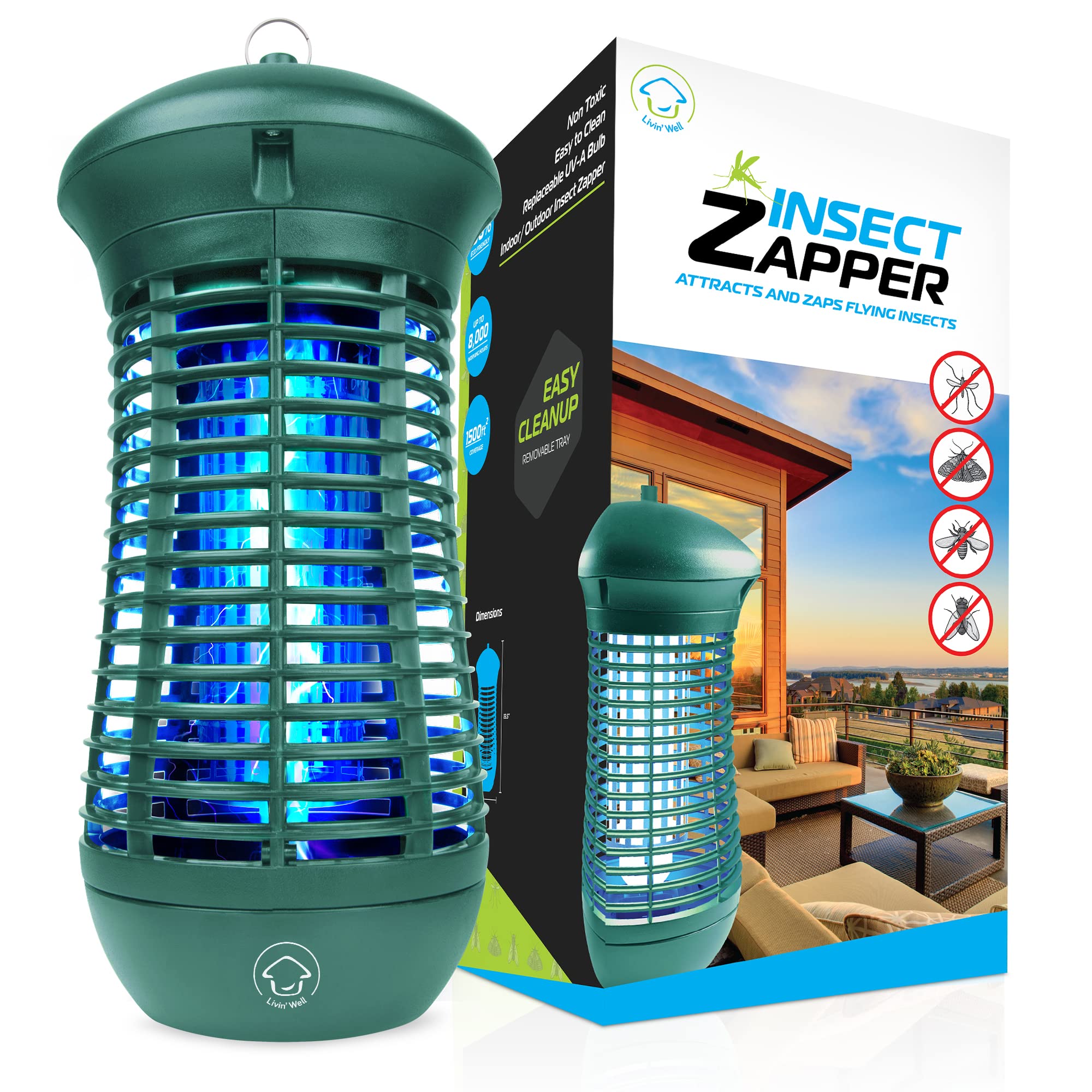 Livin’ Well Green Bug Zapper Indoor Outdoor - 4000V High Powered Electric Mosquito Zapper Home Patio, 1,500 Sq Ft Range Fly Zapper Mosquito Trap, 18W UVA Bulb Mosquito Killer Lamp Insect Bug Light