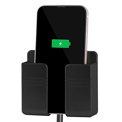 CEI&BPY Wall Mount Phone Holder, Phone Stand with Adhesive and Data Cable Receiving Hole, Cell Phone Holder for Charging,Bedroom, Compatible with iPhone and Android (Black)