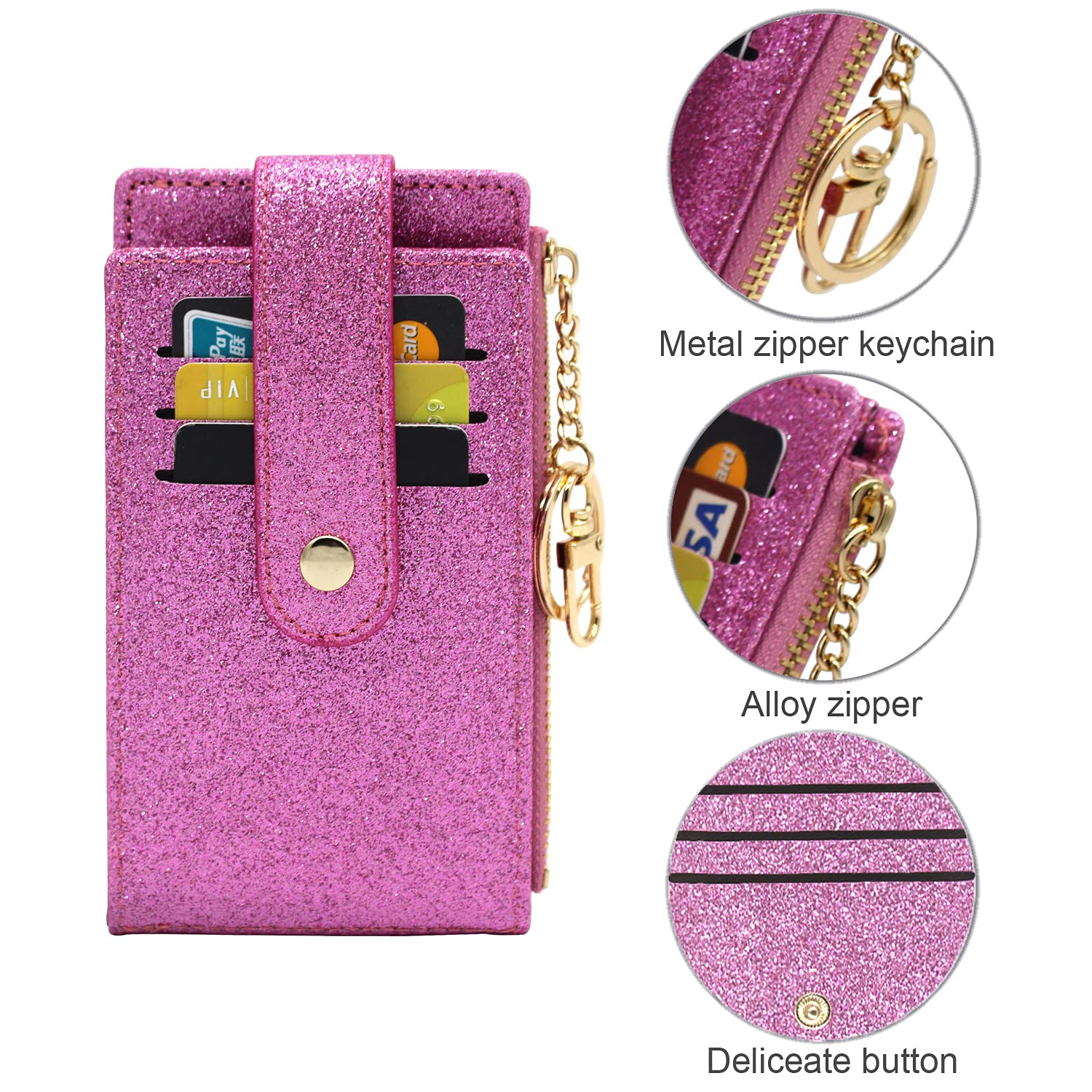 FFpaw Glitter Credit Card Wallet for Women Shiny Small Coin Purse RFID Blocking Card Holder with Key Ring (Shiny Rose)