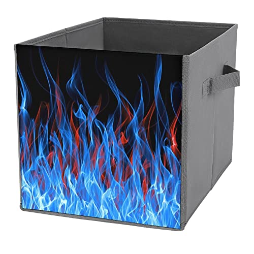 Blue and Red Fire Flame Storage Bin Foldable Cube Closet Organizer Square Baskets Box with Dual Handles