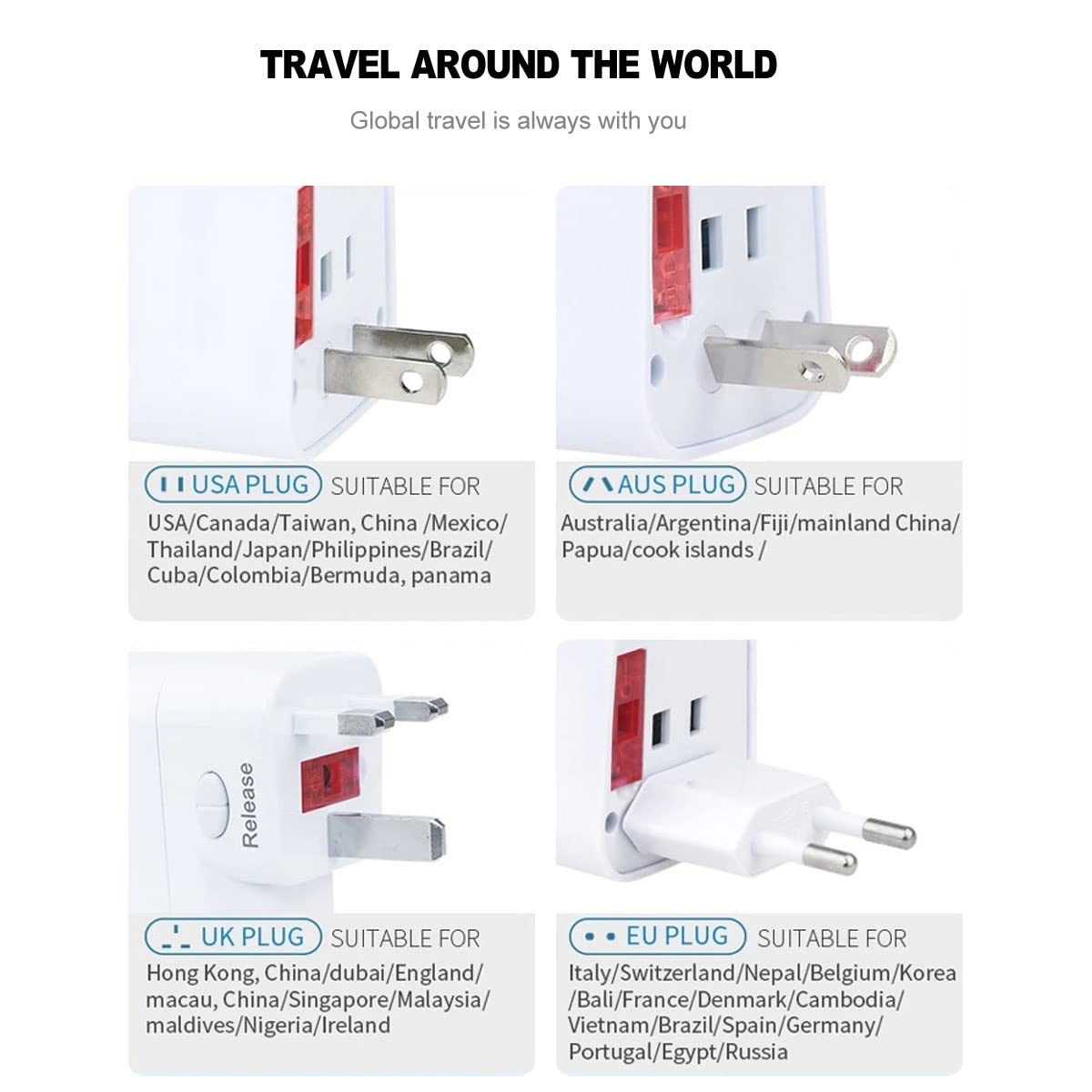 Universal Travel Adapter, Vsanstar International Wall Charger AC Plug Adaptor with 3A Smart Power and 2.1A USB for European USA UK EU Thailand NZ Australia 150 Countries(White)