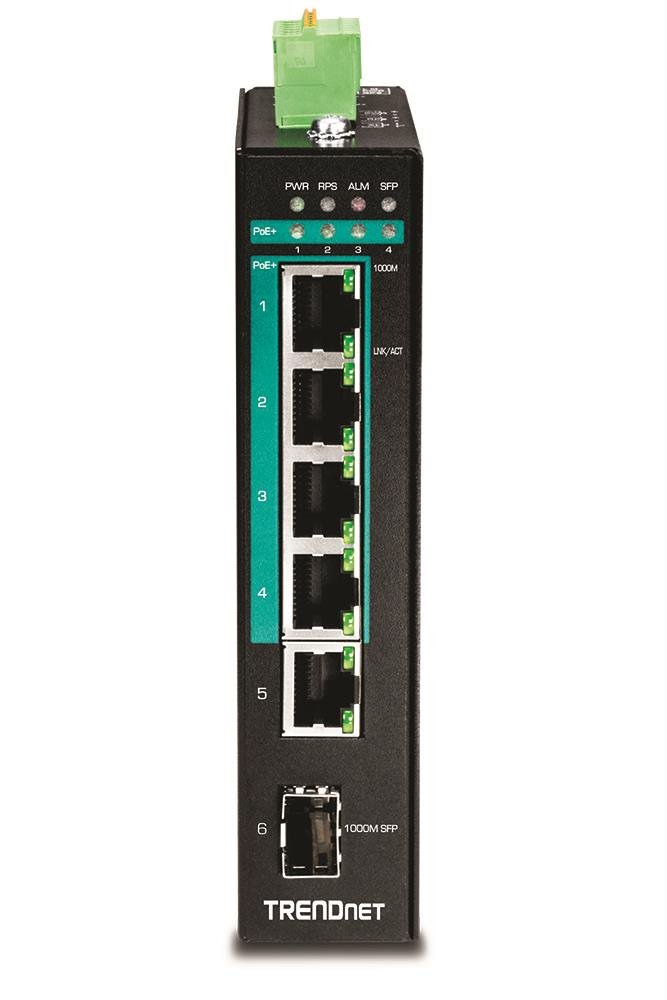 TRENDnet 5-Port Hardened Industrial Gigabit PoE+ DIN-Rail Switch, 120W Power Budget, 1 x SFP Slot, IP30 Rated, Unmanaged Switch, Gigabit PoE+ Network Switch, Lifetime Protection, Black, TI-PG541