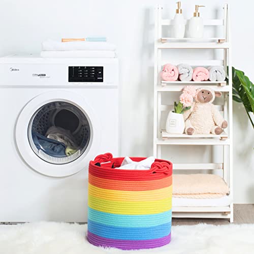 MINTWOOD Design 15 x 14.2 Inches Woven Cotton Rope Storage Basket, Stuffed Toy Basket Bin, Laundry Basket Hamper, Nursery Basket, Dog Toy Basket, Blanket Basket, Gift Basket, Rainbow