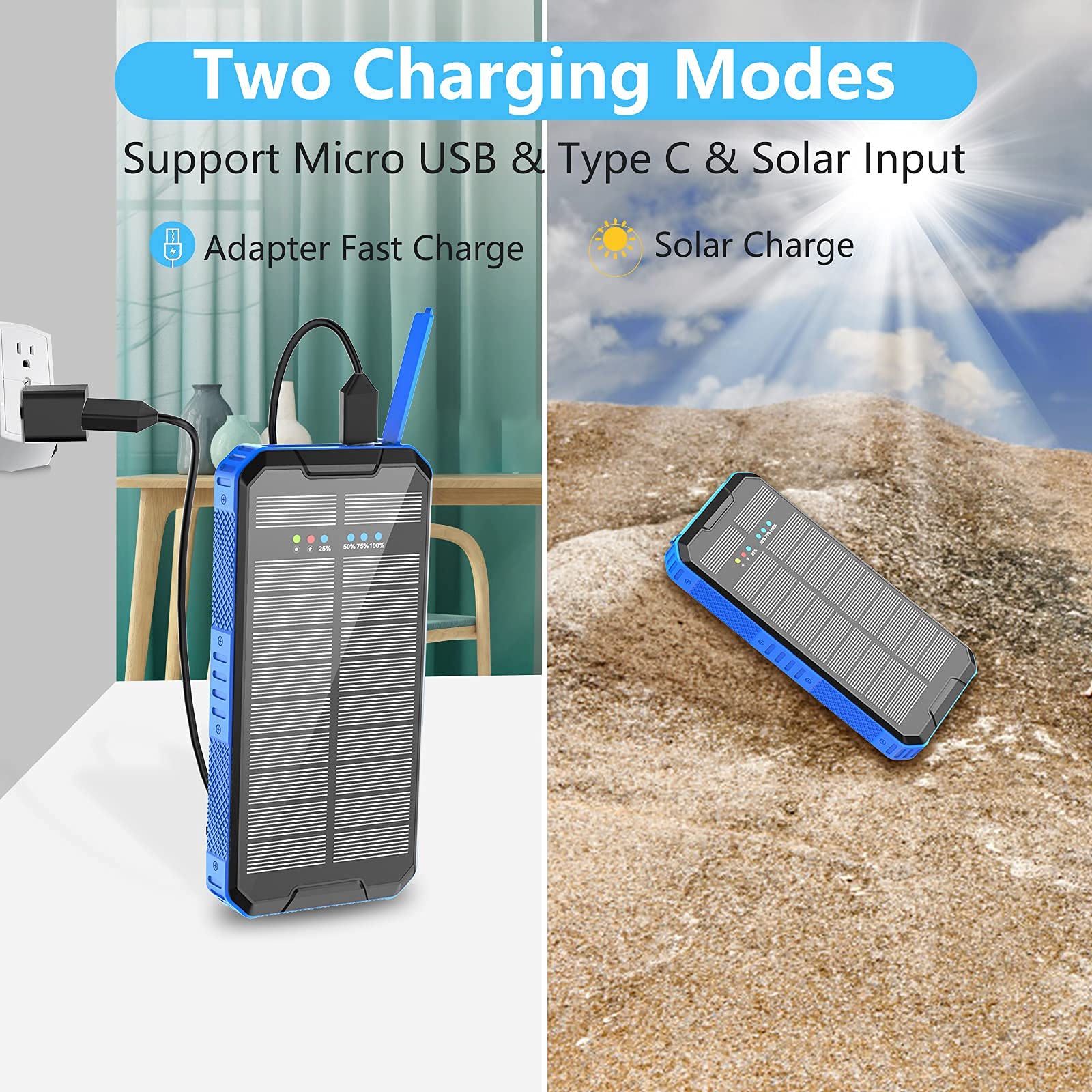 ANYFONG Solar Power Bank, 30000mA PD20W QC3.0 USB C Fasting Charging Solar Charger 10W Wireless Portable Phone Charger Power Bank, Battery Charger with Camping Light