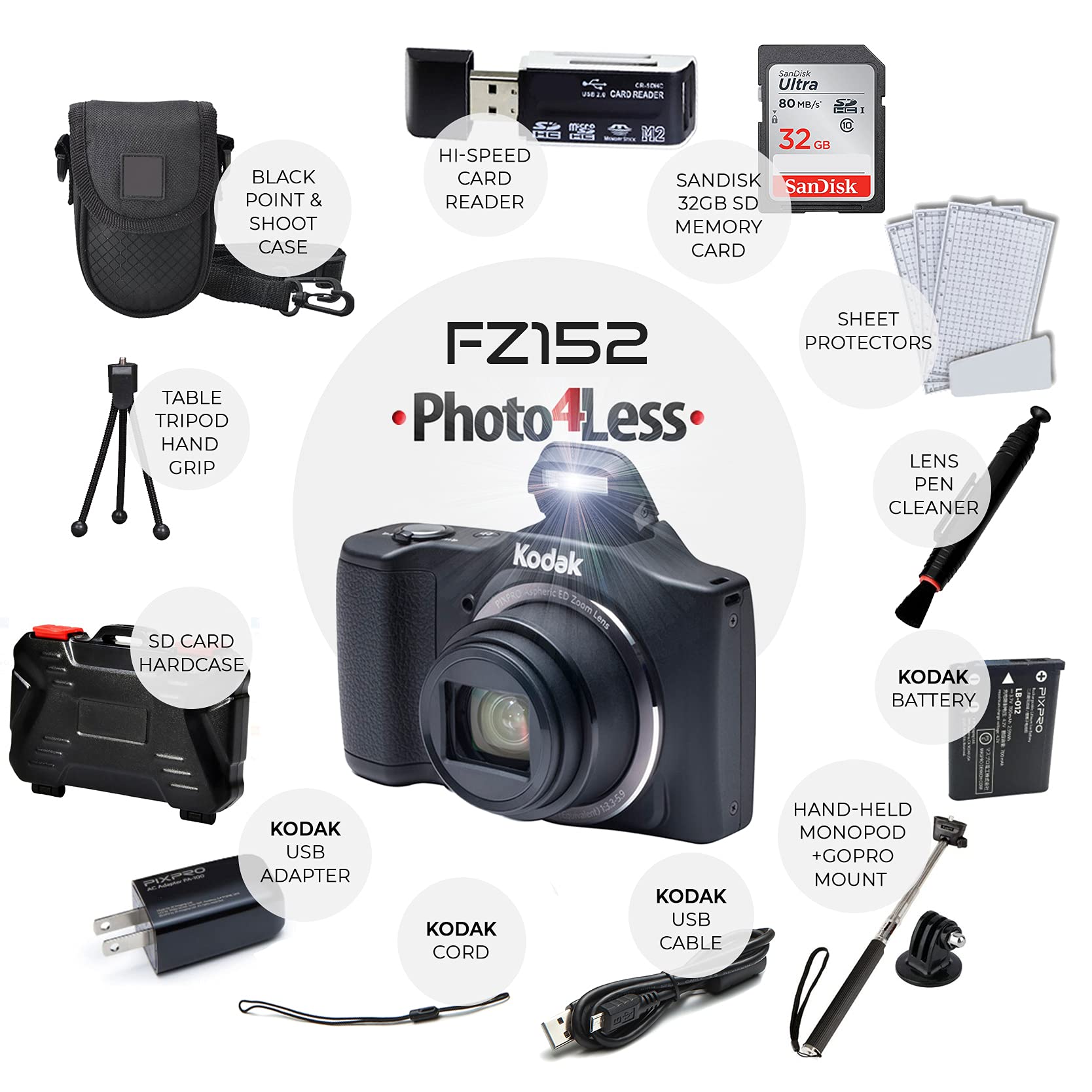 Kodak PIXPRO FZ152 Digital Camera + 32GB Memory Card + Point and Shoot Camera Case + Extendable Monopod + Lens Cleaning Pen + LCD Screen Protectors + Table Top Tripod β Ultimate Bundle