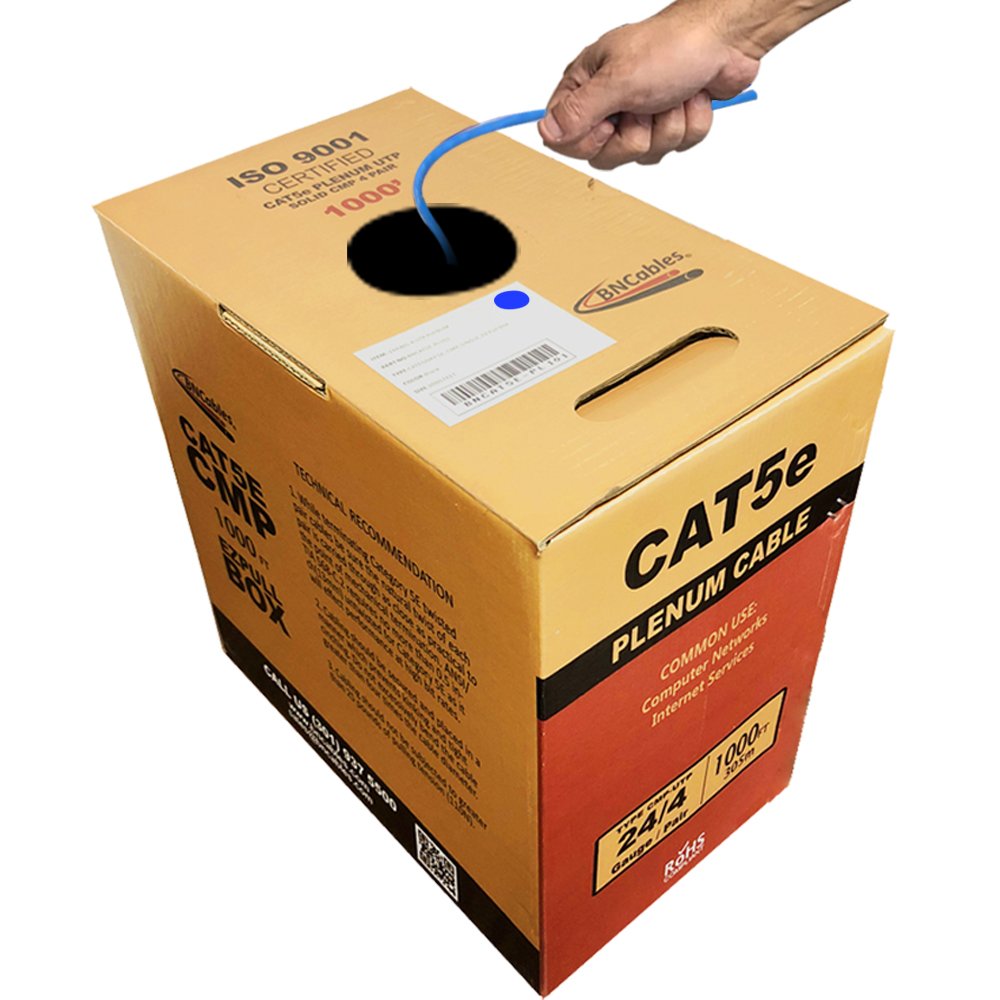 CAT5e (CMP) Plenum Cable, 1000FT | 24AWG 4Pair, 350MHz Solid Network Cable Unshielded Twisted Pair (UTP), Available in Blue, White, Gray & Black Color