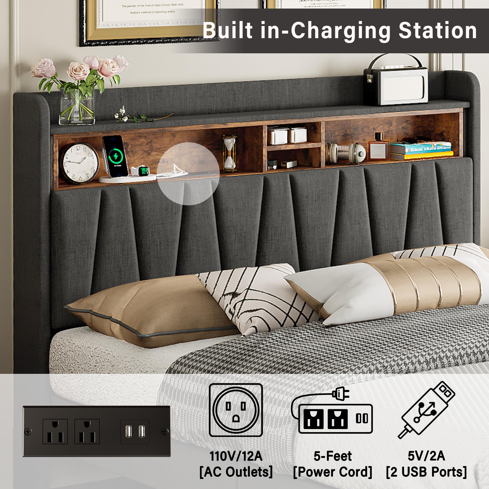 ANCTOR Full Bed Frame with Charging Station, Full Size Bed Frame with Storage Headboard, Modern Upholstered Platform Bed with Shelf Headboard, Easy Assembly, Noise-Free, Dark Grey