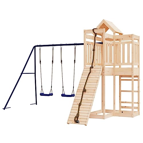 Loibinfen Outdoor Playset Solid Wood Pine, Garden Play Set with 1 Play Tower, 1 Climbing Wall, 1 Double Swing Set, Modern Outdoor Backyard Children's Climbing Wood Playground Playset,-4546