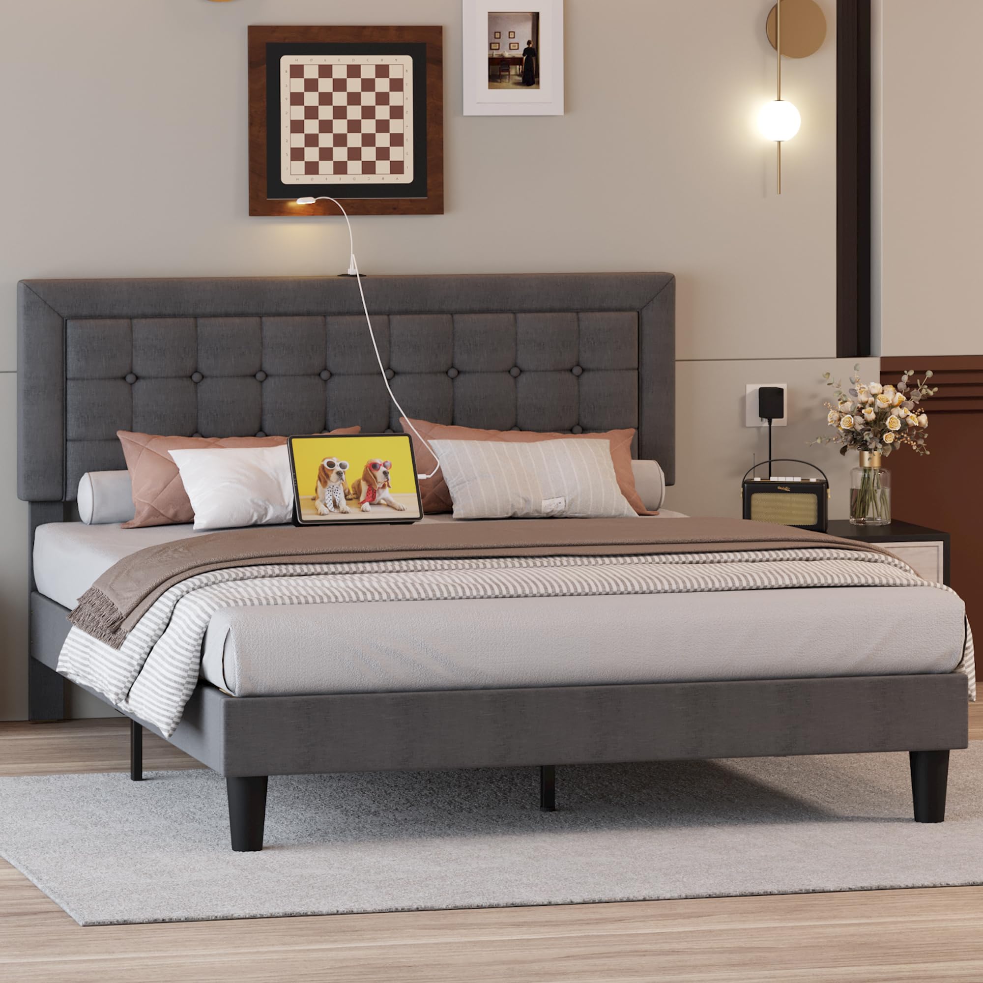ANCTOR Queen Bed Frame with USB Ports, Platform Bed with Height Adjustable Upholstered Headboard, Heavy Duty Steel Support Legs, Easy Assembly, Grey