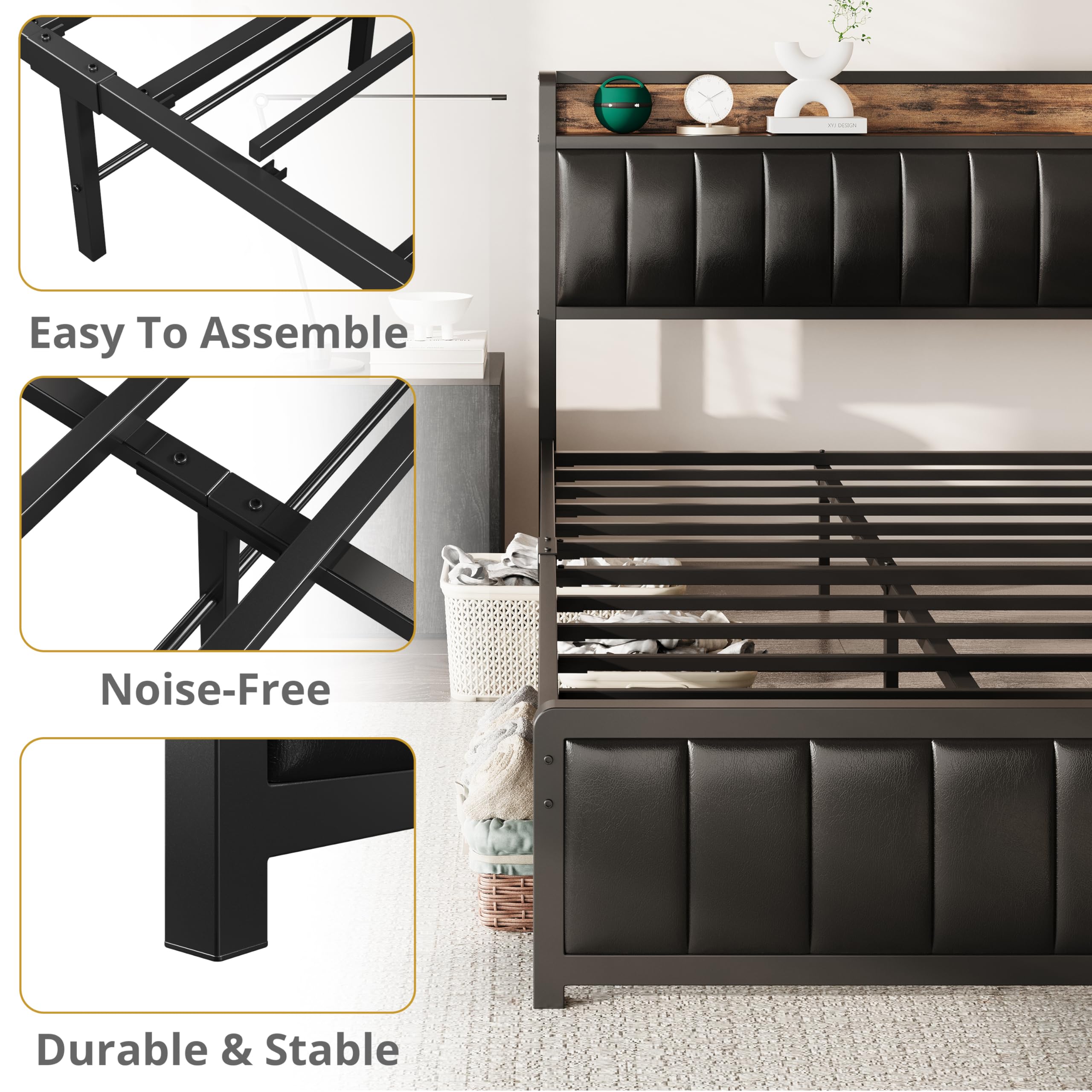 ANCTOR Queen Bed Frame with Storage Headboard & Footboard, Upholstered Platform Bed with USB Ports & Outlets, Strong Steel Slats Support Mattress Foundation, No Box Spring Needed