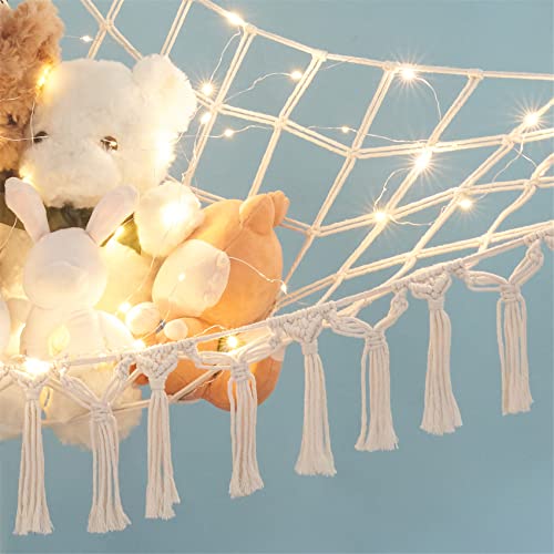 Mkono 2 Style Macrame Stuffed Animal Hammock Toy Storage Organizer with Lights and Tassels Boho Stuff Animals NetLarge Capability Corner Toys Display Hammock for Nursery Playroom
