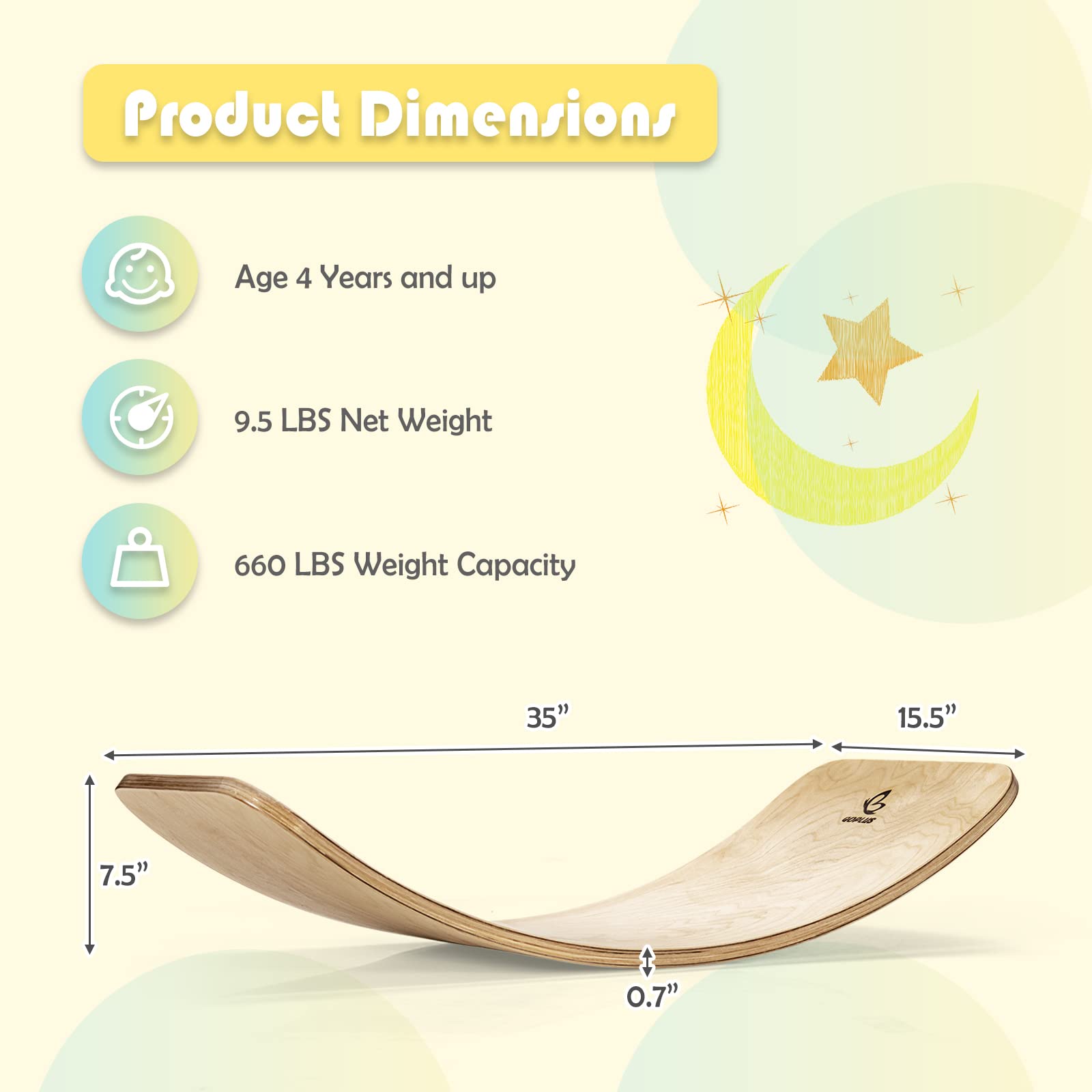 Goplus Wobble Board, 35Inch Wooden Balance Board for Kids & Adults Support 660LBS, Toddler Open-Ended Learning Toy Yoga Curvy Rocker Board for Balance Training, Home Exercise (15.5 INCH Width)
