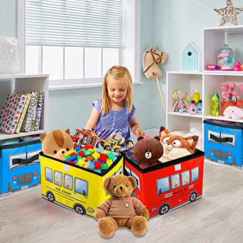 MMIAOO School Bus Pattern Toy Storage Organizer,Foldable Storage Box Organizer,Kids Toy Chest, Light Toy Chest with Lid Handles for Kids, Nursery, Closet, Bedroom, Playroom (Yellow)