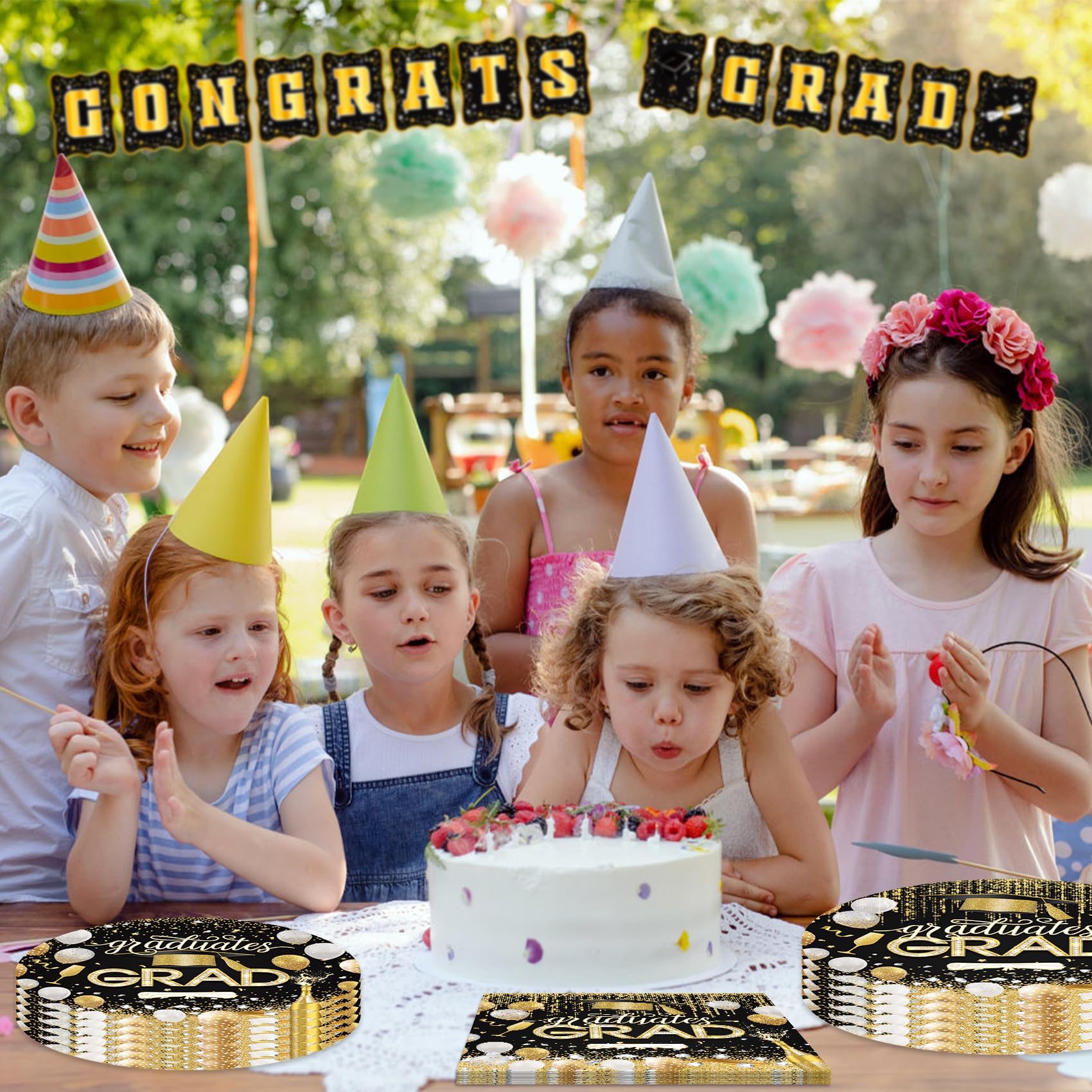 Black and Gold Graduation Party Supplies for 24: 97 Pcs with Elegant Plates, Forks, Bunting - Commencement Celebration - Classy Diploma-Themed Tableware Set