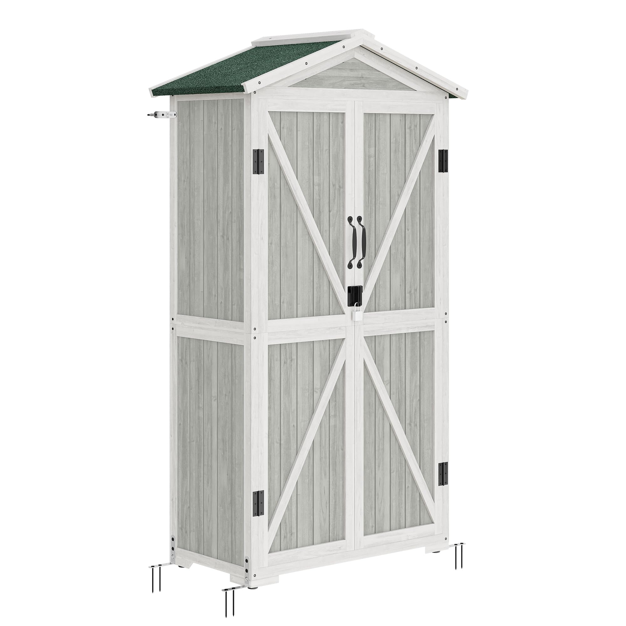 BELLEZE Outdoor Storage Cabinet with 4 Removeable Shelves, Wooden Garden Tall Storage Shed Lockable Tool Storage Cabinet with Waterproof Roof, Outside Tool Shed for Patio Lawn Yard Backyard - Gray