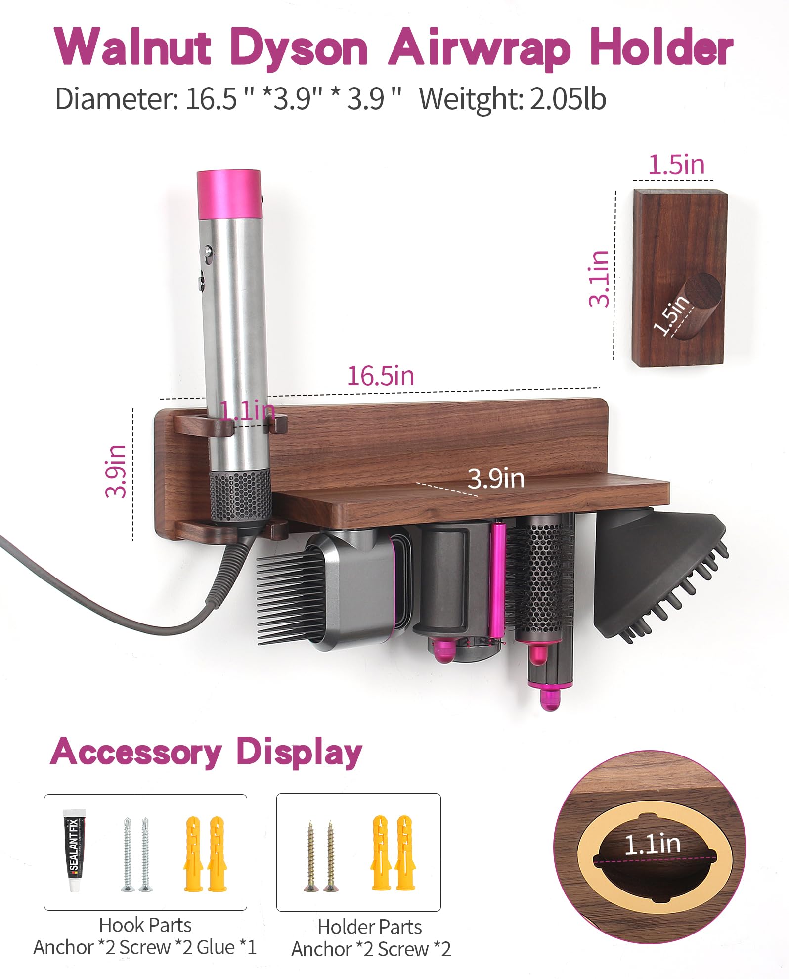 Affogato Walnut Storage Holder Compatible with Dyson Airwrap Wall Mount Holder with Shelf Organizer Rack Compatible with Dyson Airwrap Styler Accessories, Wood
