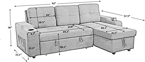 GAOPAN Modern Linen Sectional Sleeper Sofa Bed Convertible L-Shape Couch with Storage Chaise Lounge,Side Pockets,Cup Holders,2 Pillows for Living Room Apartment Furniture, Light Gray