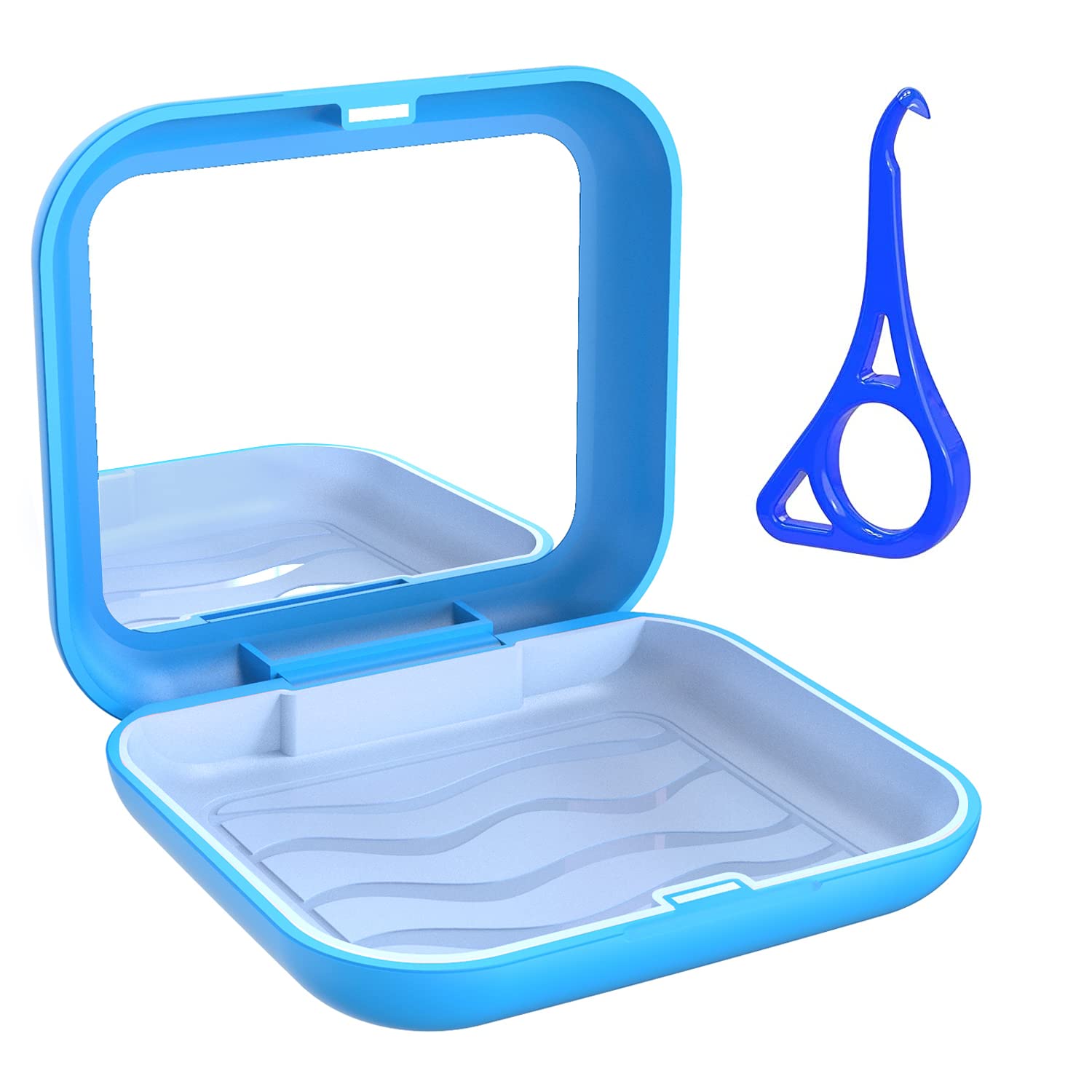 Aligner Case with Mirror and Aligner Removal Tool- Compatible with Invisalign, Aligners, and Mouth Guards, Premium Retainer Case with Magnetic Closure and Textured Liner- Easy to Use (Blue)