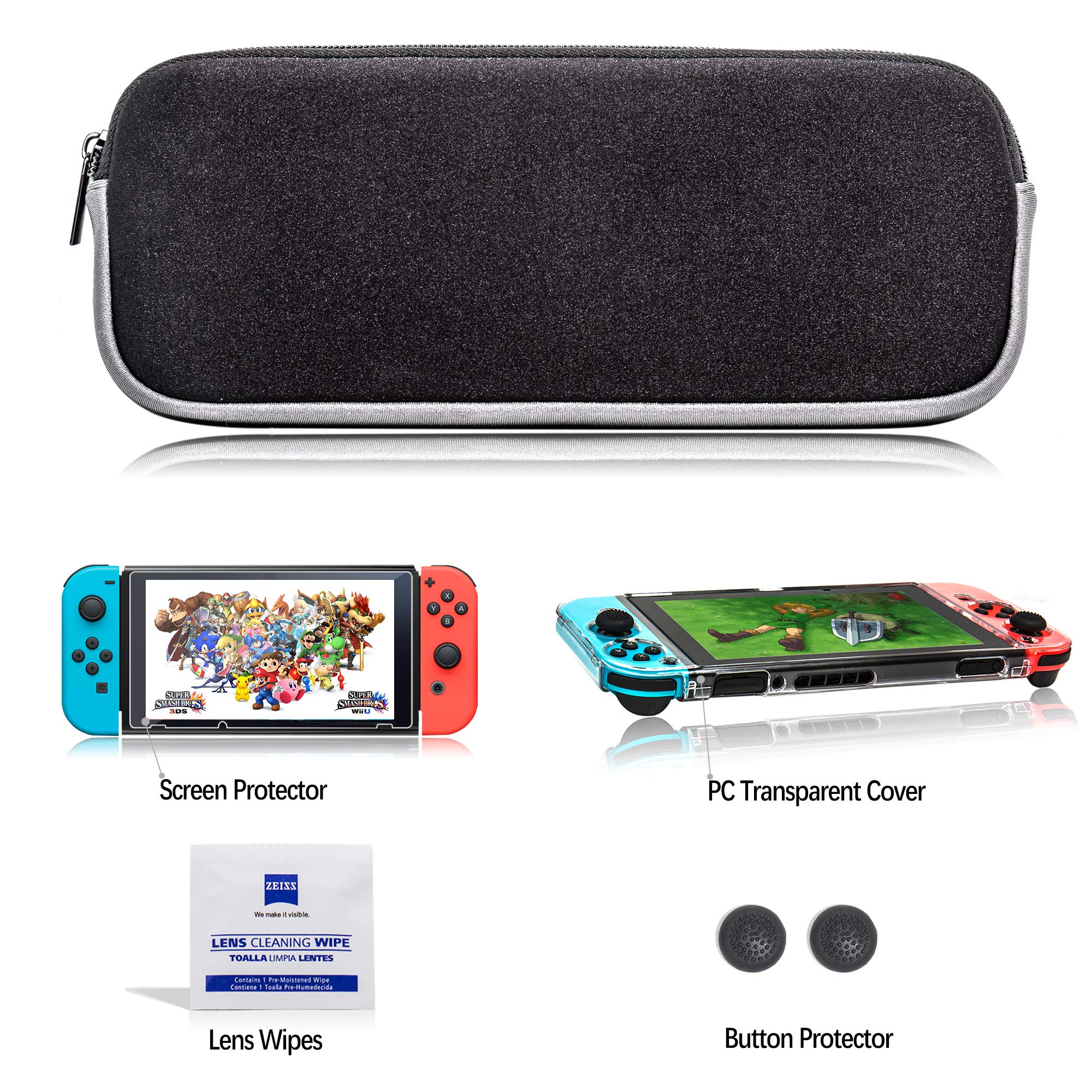 Carrying Case for Nintendo Switch with Transparent Hard Shell & Switch Screen Protector Dual Protection Large Capacity Deluxe Travel Storage Pouch Case for Nintendo Switch Console & Accessories-Black