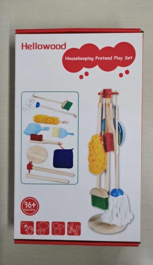 HELLOWOOD Kids Cleaning Set, 8pcs Housekeeping Play Set Includes Broom Mop Duster Dustpan Brushes Rag and Organizing Stand, Cleaning Toys Gift for Toddlers Girls Boys Age 3-6, Solid Beech Wood
