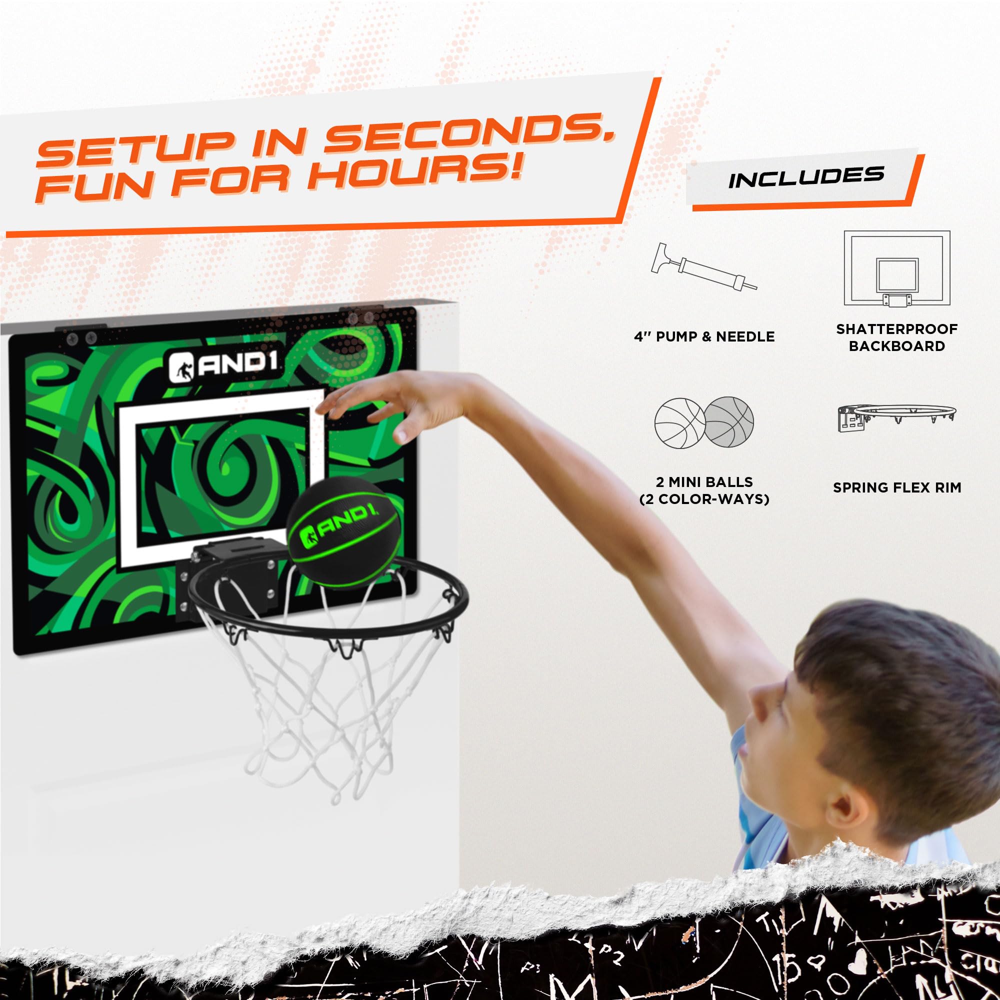 AND1 Over The Door [Mini Basketball] [Hoop]: - 18”x12” Pre-Assembled Portable with Flex Rim, Includes Two Deflated 5” – Teal/Pink (5A1GT0110L0E2)
