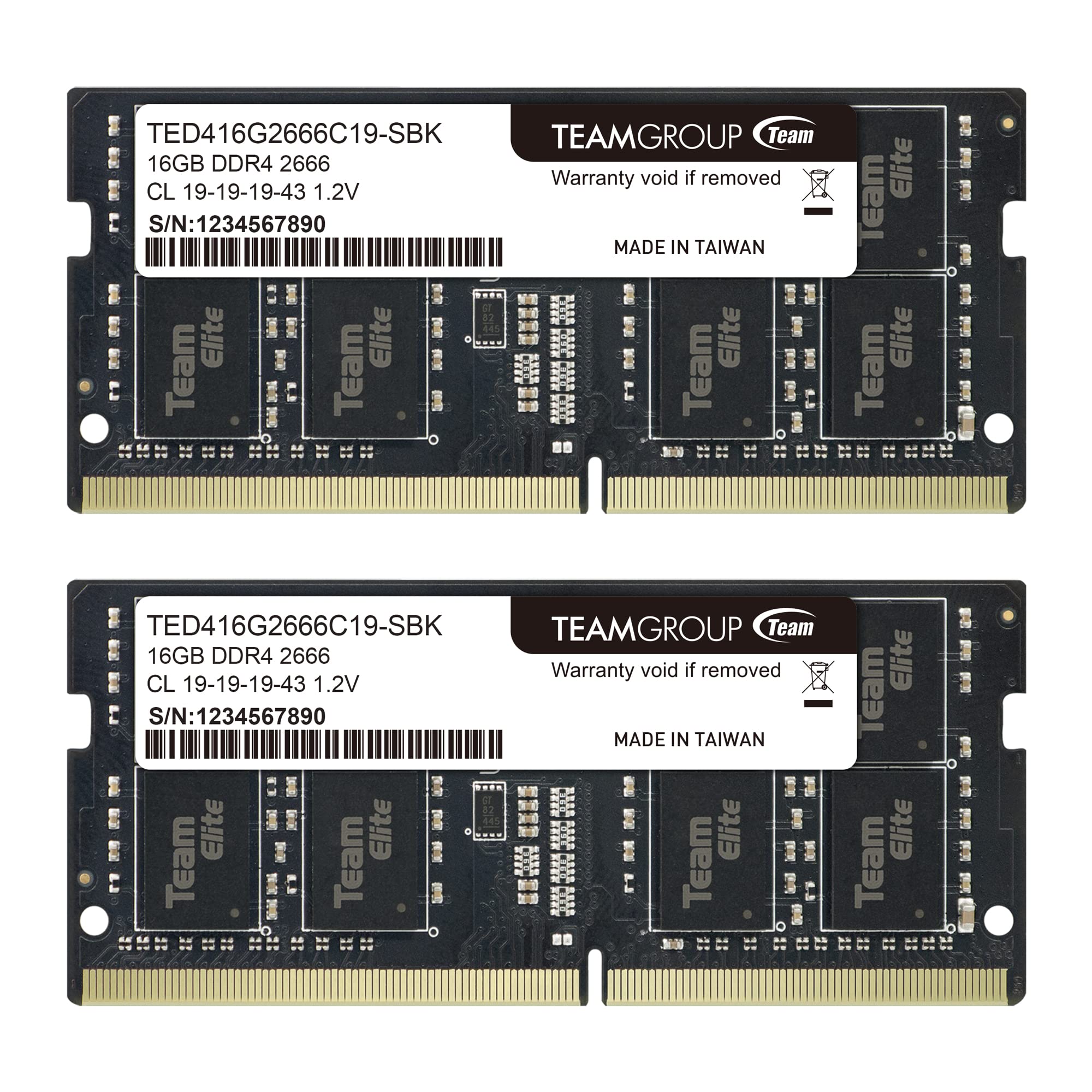 TEAMGROUP Elite DDR4 32GB Kit (2 x 16GB) 2666MHz PC4-21300 CL19 Unbuffered Non-ECC 1.2V SODIMM 260-Pin Laptop Notebook PC Computer Memory Module Ram Upgrade - TED432G2666C19DC-S01