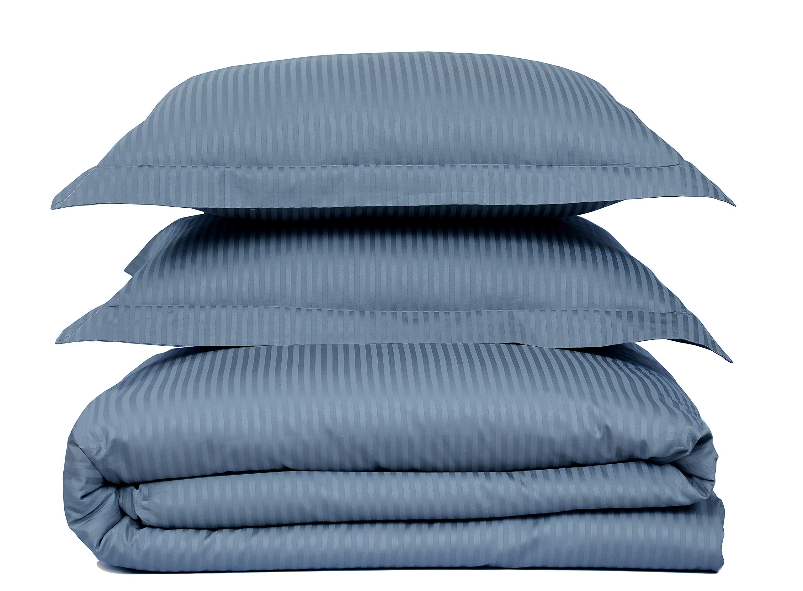LinenEra 5 Piece Olympic Queen Stripe Duvet Cover Set Cotton Blue Stripe Duvet Cover Olympic Queen (98'' x 98'') Zipper Closure Corner Ties 4 Pillow Shams
