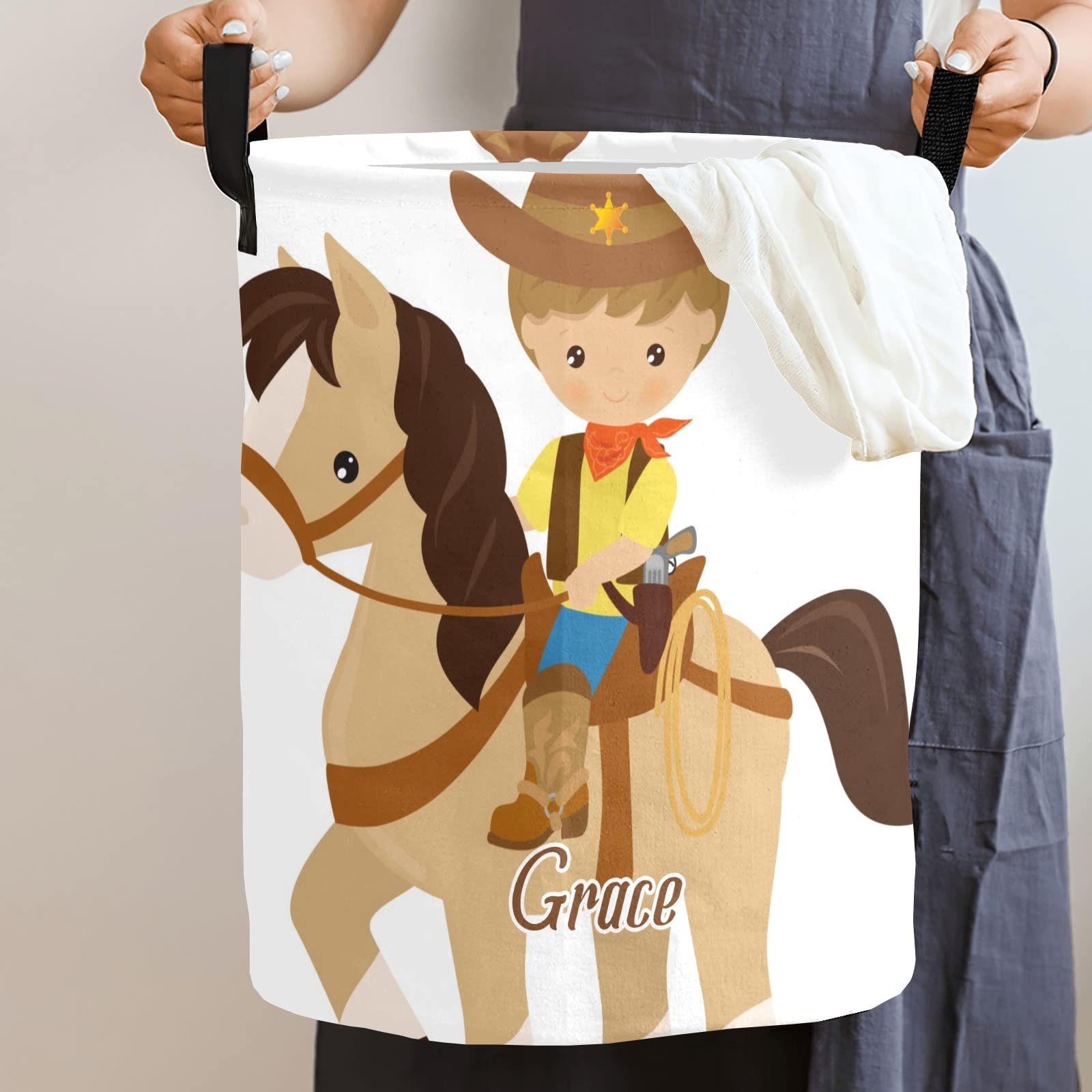 Western Cowboy Horse Personalized Laundry Basket Clothes Hamper Storage Handle Waterproof, Custom Collapsible Large Capacity , for Bedroom Bathroom Toy Decoration
