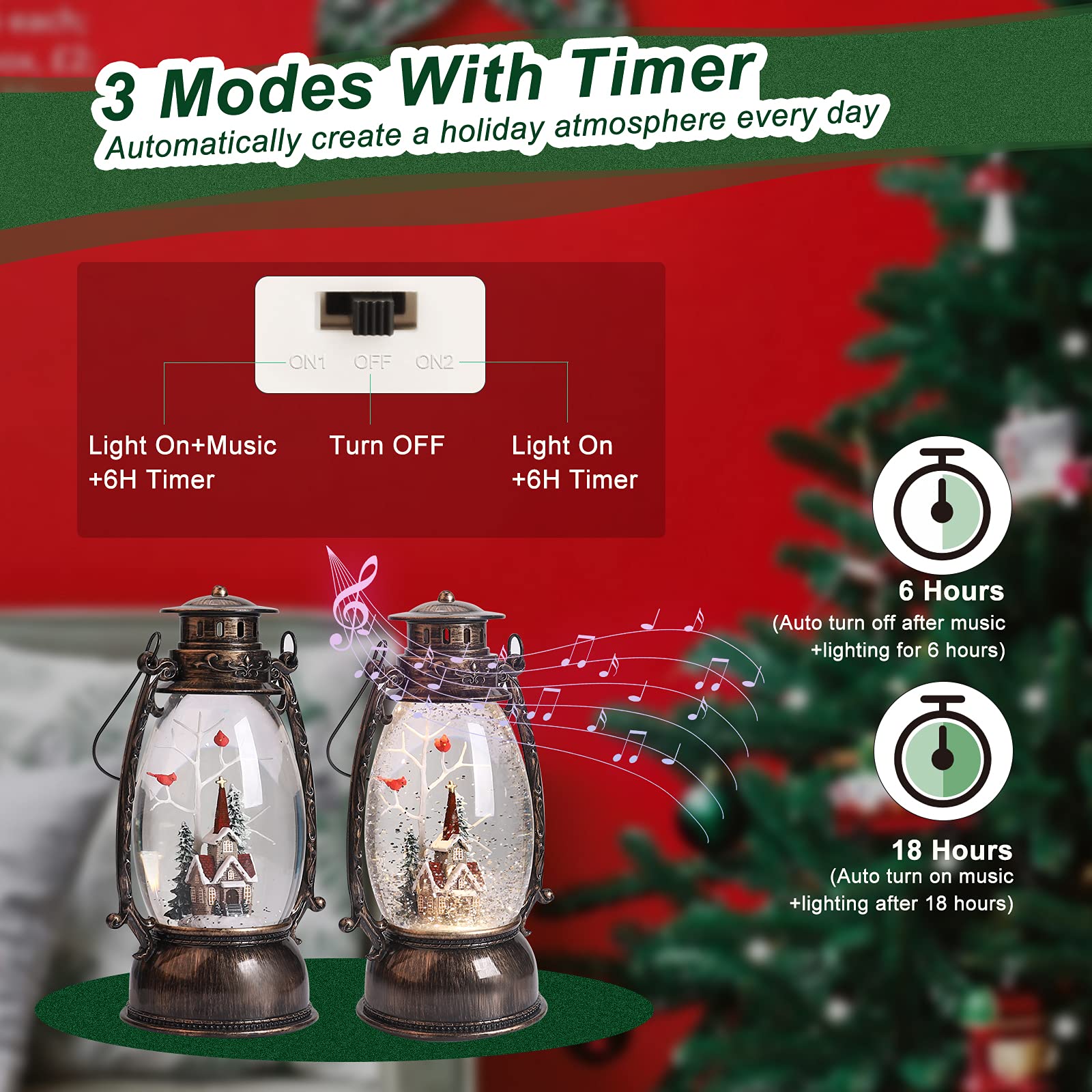 Christmas Snow Globe Musical Snow Globes Christmas Lantern Glitter Lantern Christmas Snowglobe Lighted Church Cardinal Scene 6H Timer 3AA Battery Operated Snowglobe USB for Home Decoration Gift