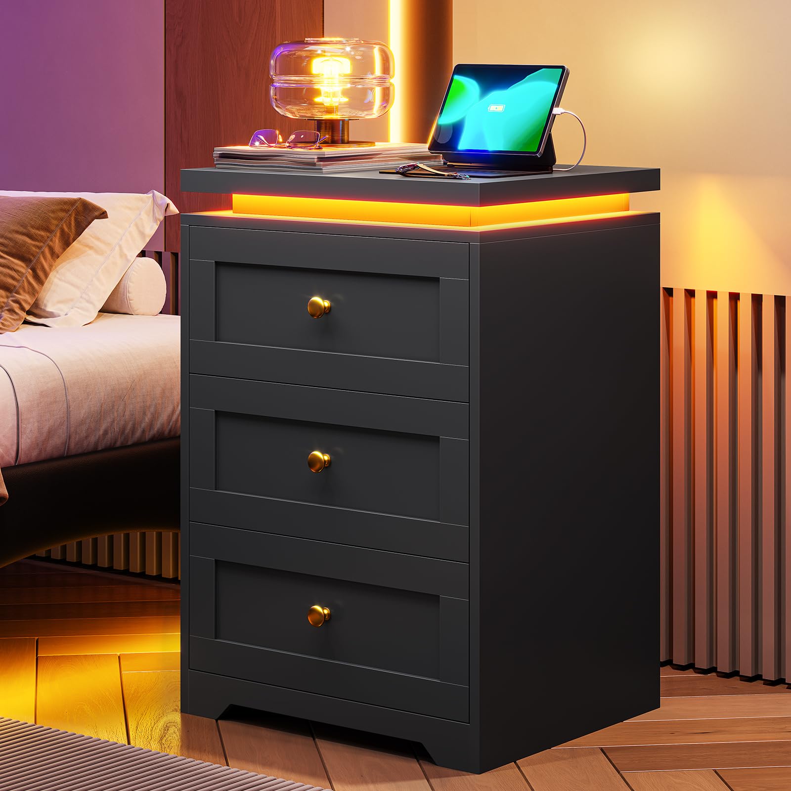 AOGLLATI Black Night Stand Set of 2, Nightstand Set 2 with Charging Station & 3 Drawers, Modern Bedside Table with LED Lights, Wooden LED End Side Tables for Bedroom, Unique Top Design