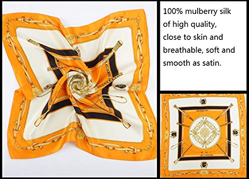 ANDANTINO 100% Real Mulberry Silk Scarf -21'' x 21''- Lightweight Neckerchief –Women Men Small Square Digital Printed Scarves (Orange)