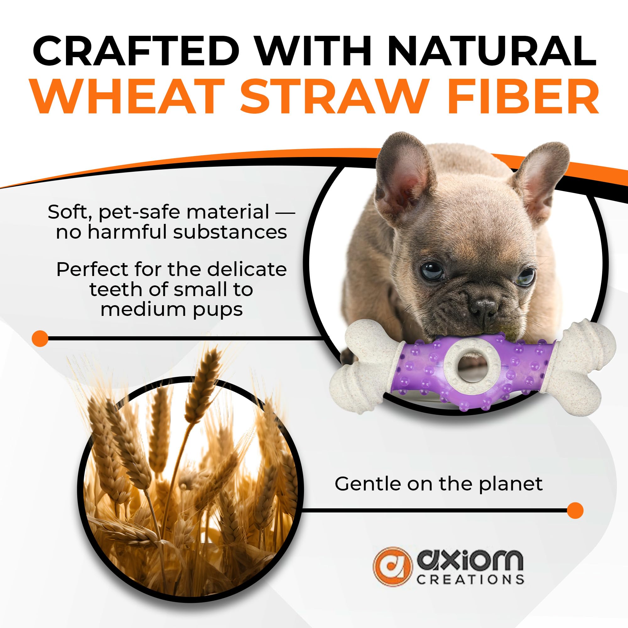 AXIOM CREATIONS Interactive Dog Toy for Small Breeds - 6x2โ Bone Shaped Puppy Chew Toys for Teething - Pet Safe Wheat Straw Fiber Material with Treat Holder (Purple)