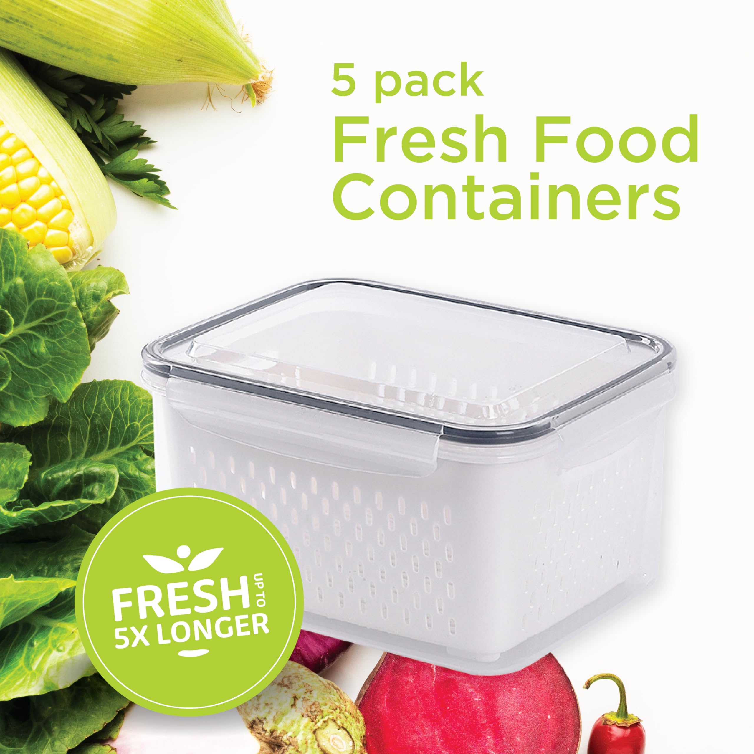 AVUX Fruit Storage Containers for Fridge (5 Pcs) Air Tight Food Storage Bins with Lid | Leak-Proof Rectangular Containers to Keep Fruits, Berries, Veggies, and Salad Fresh for Longer