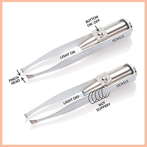 Sensica ‘Lumi’ Tweezers with Light - Precision Slant Tip Eyebrow Tweezers for Women with Finest Point Grip for Professional Results - Accurate, Durable, Hygienic