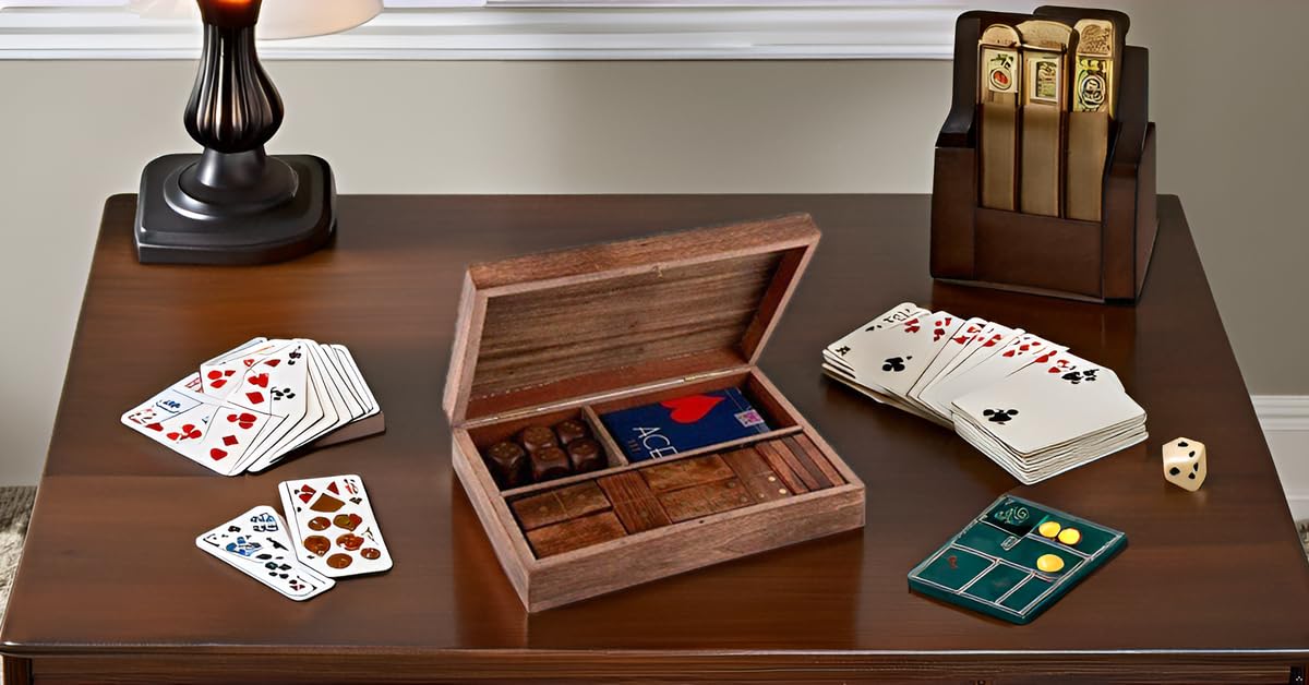 Great Gift Ideas Wooden Playing Card Box with 5 Dice & 28 Dominoes Tiles Game Set Deck Pack Case Holder Storage Accessories Organizer with Playing Cards Classic Table Game